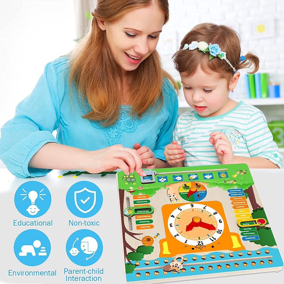 Baisoo Montessori Educational Wooden Toys - Preschool Telling Time Teaching Clock Boys & Girls - Time Calendar Clock for Kids Age 3 4 5 - All About Today Board