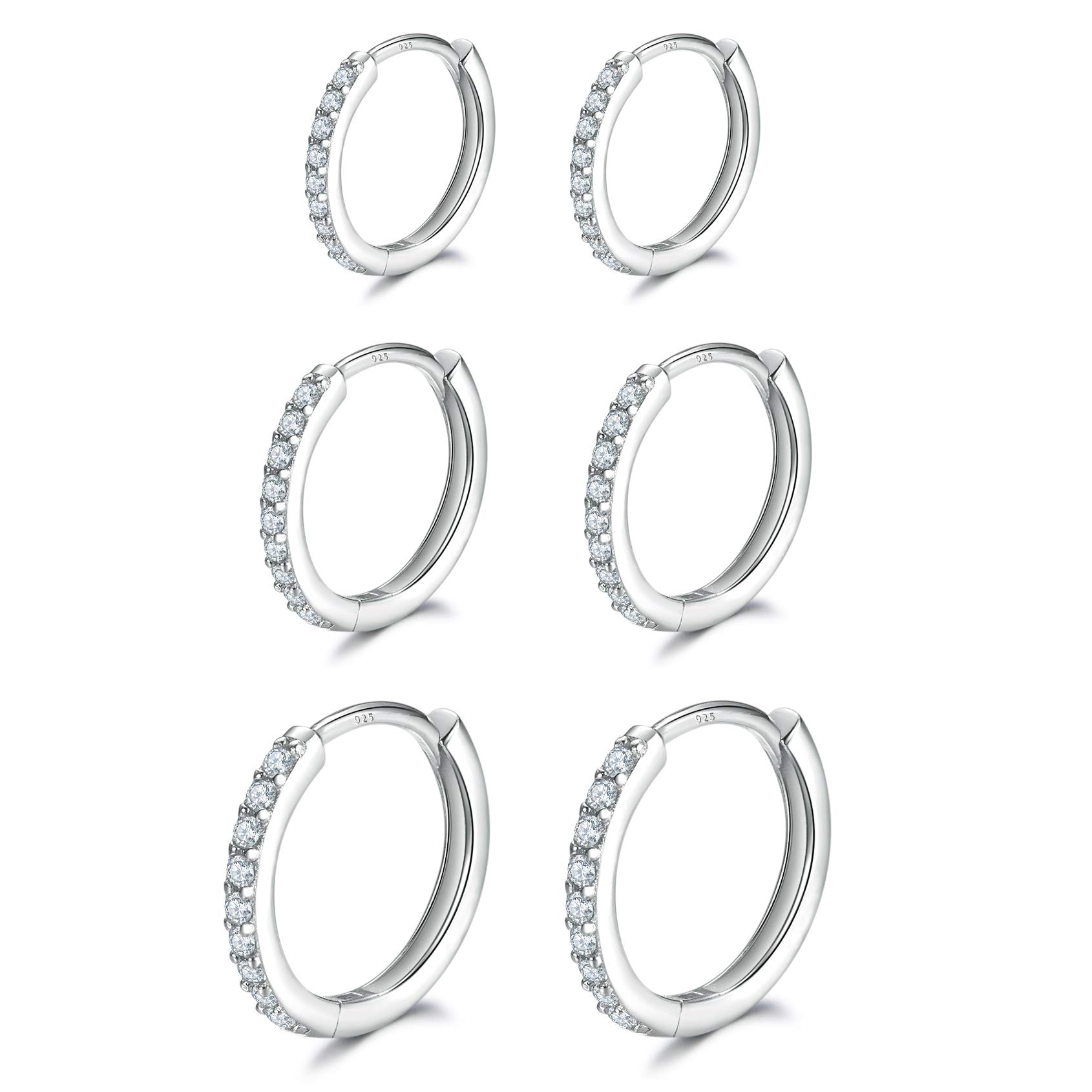 3 Pairs Sterling Silver Small Hoop Earrings Cubic Zirconia Cuff Earrings | Tiny Cartilage Huggie Hoop Earrings Piercing Jewellery for Women(8mm 10mm 12mm)