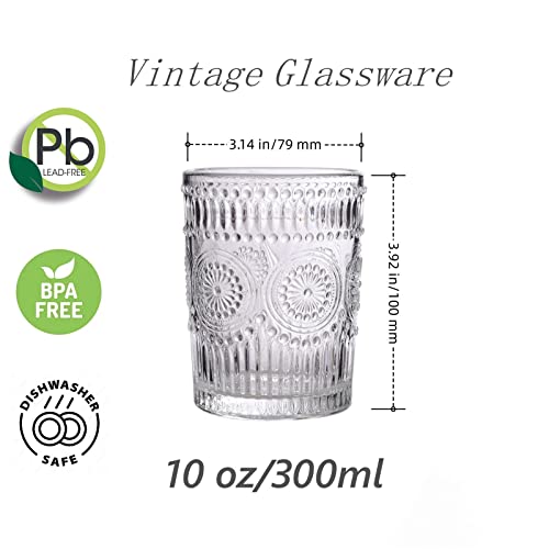 Amzcku Vintage Drinking Glass Set of 4, 10 oz - For Cocktails, Mixed Drinks, Whiskey, Beverage, Water, Milk and Juiceā¦