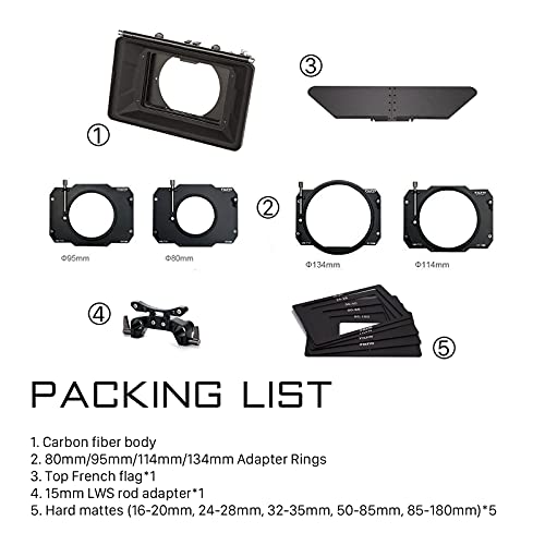 Tilta Matte Box for Studio Cinima Cameras, 3 Pcs 4x5.65 Filter Frame with 5 Lens Adapter Rings (134/114/110/95/80mm) Carbon Fiber Top Flag 5 Pcs Front Matte 15mm Rod Adapter MB-T12