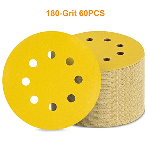 60 Pcs 5 Inch Sanding Discs, 8 Hole 180 Grit Hook and Loop Gold Sanding Discs, 5“ Round Sandpaper for Random Orbital Sander