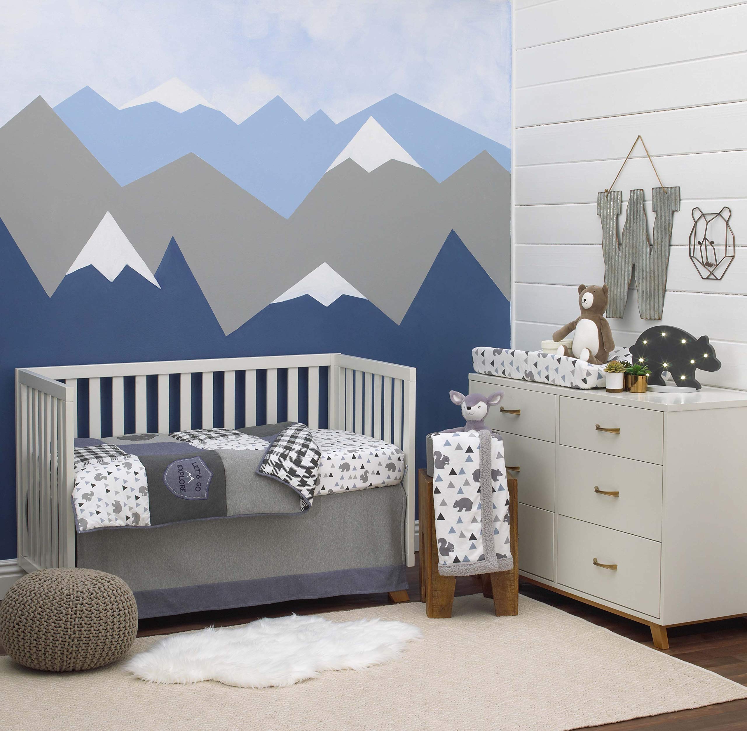 NoJo Mountain Patchwork - Grey, Denim, Slate Blue, Charcoal 4 Piece Nursery Crib Bedding Set- Comforter, 100% Cotton Fitted Crib Sheet, Dust Ruffle, Baby Blanket