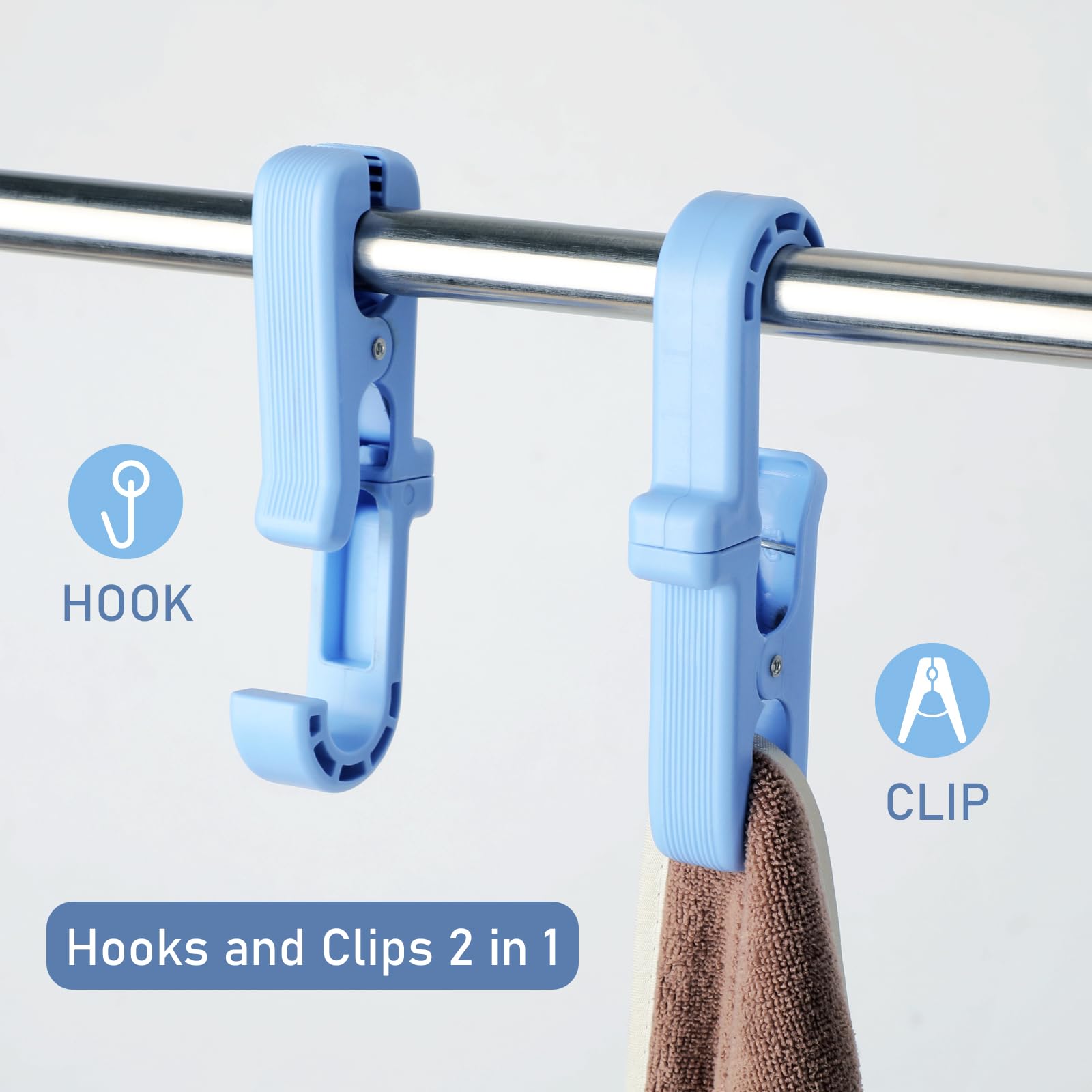 8PCS Plastic Clips for Hanging,Heavy Duty Hanger Clips with Bag,Large Swivel Clothes Pins with Hooks for Bathroom Wardrobe,Strong Laundry Hooks with Clips for Socks Boot Bras Towels(Blue)
