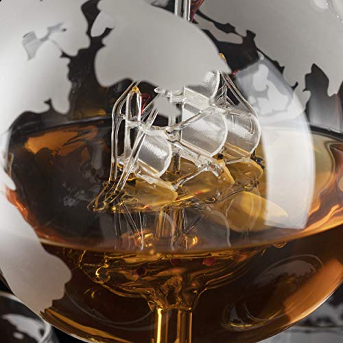 Etched World Decanter whiskey Globe - The Wine Savant Whiskey Gift Set Globe Decanter 750 ml with Antique Ship, Whiskey Stones and 4 World Map 10oz Glasses, Great Gift - Alcohol Related Gift, HOME BAR
