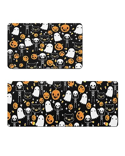 Black Halloween Bath Mat for Tub,Non Slip Bathroom Floor Runner Rug Quick Dry & Absorbent Diatomaceous Earth Shower Sink Kitchen Washable Doormat,Spooky Pumpkin Ghost Skull Cat Horror 18x30+18x48