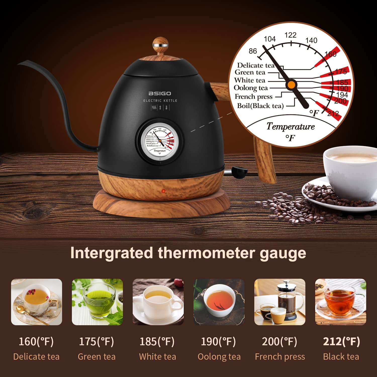 Bsigo Gooseneck Electric Kettle with Thermometer, 100% Stainless Steel for Pour-over Coffee & Tea Kettle, BPA Free, Auto Shut off Anti-dry Protection, Quick Heating Boiling Water, 1000W-0.8L, Black