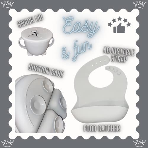 Baby Led Weaning 10 Piece Feeding Eating Supplies | Strong Suction Plate Silicone Cup Snack Lid Drink Lid with Straw Silicone Suction Bowl Bib Spoons Forks Baby Tableware Set 6MonthsToToddler(Grey)