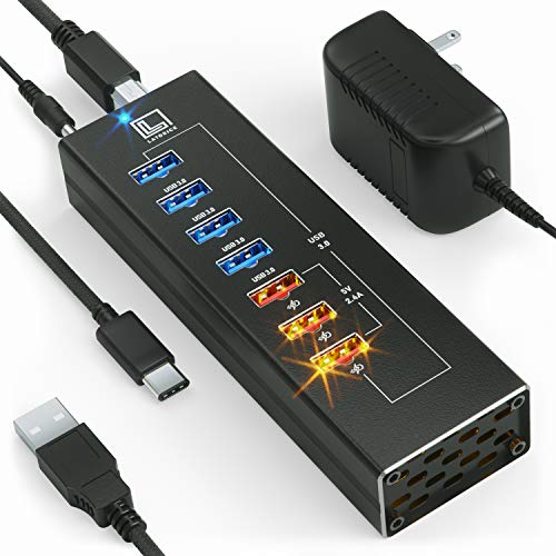 LATORICE Powered USB Hub - Multi-Port USB Hub with 7 USB 3.0 Ports, 3 Fast Charging USB 3 0 Ports, with Cords C and A, Power USB HUB Adapter