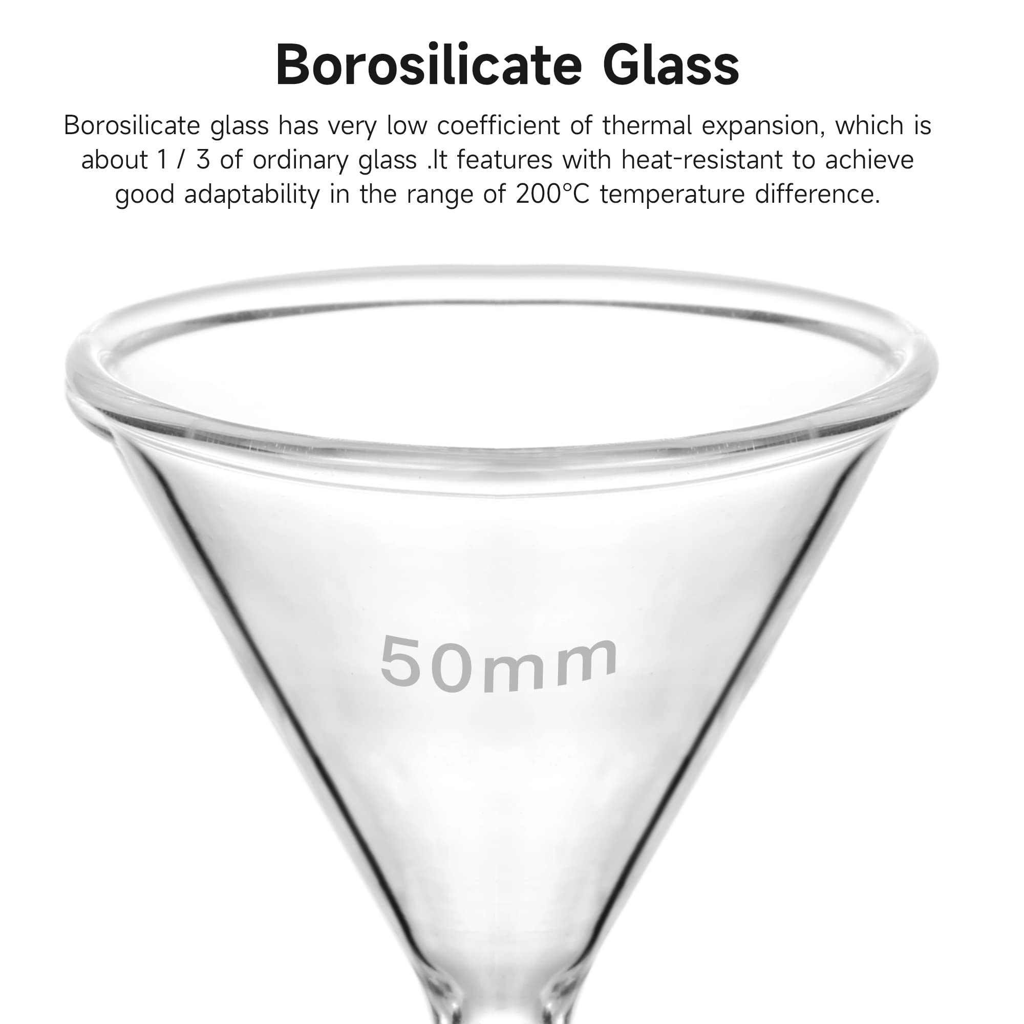 50mm Glass Funnel, 2 Pack Heavy Wall Borosilicate Glass Funnel, 50mm Stem Length – Premium Chemistry Reusable Funnel for Laboratories