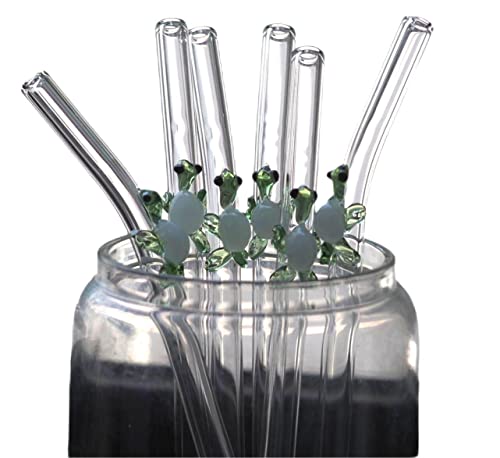 5pcs Glass Straws with Cute Turtle Bent Drinking Straws Stirring Sticks Reusable Glass Straws for Drinks Coffee Juice