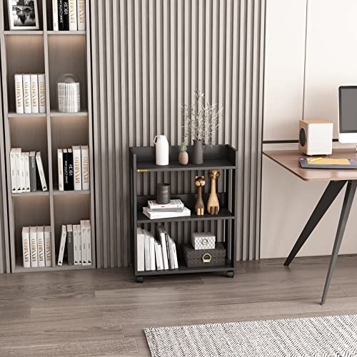 ALISENED Small Bookshelf and Bookcase, 3 Tier Wood Nightstand with Wheels, Modern Bedside End Table with Storage Rack for Bedroom, Library, Living Room, Home, Office Cart, Black