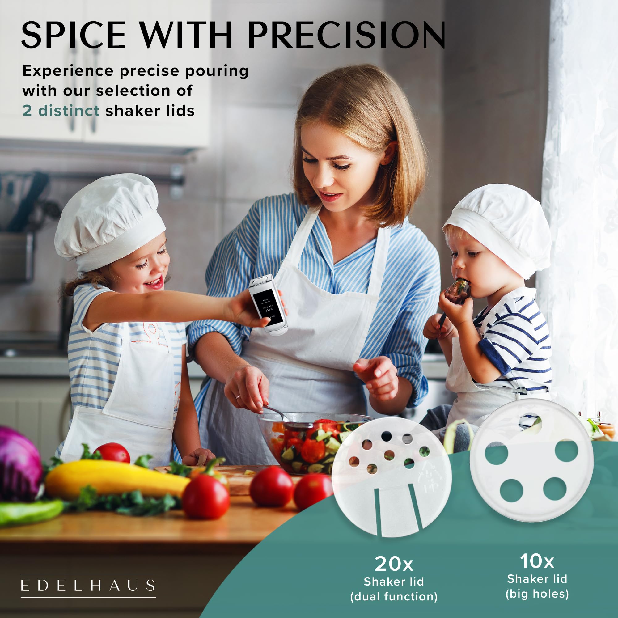 EDELHAUS Glass Spice Jars with Label and Stainless Steel Lids (24 x 4oz) Spice Containers with 240 Labels, Shaker Inserts, Steel Funnel, Empty Square Empty (Stainless steel Lid)