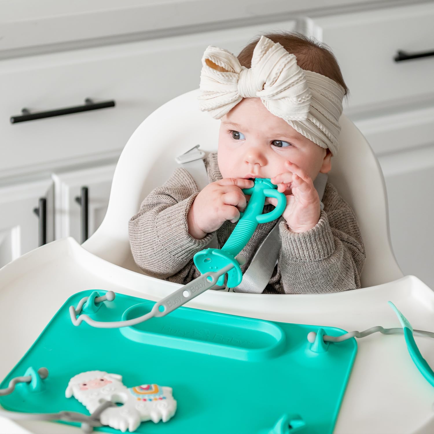 Busy Baby Teething Spoon - 2-in-1 Teether and Training Spoon for Self Feeding, Dishwasher Safe, BPA Free, Food Grade Silicone (Pewter)