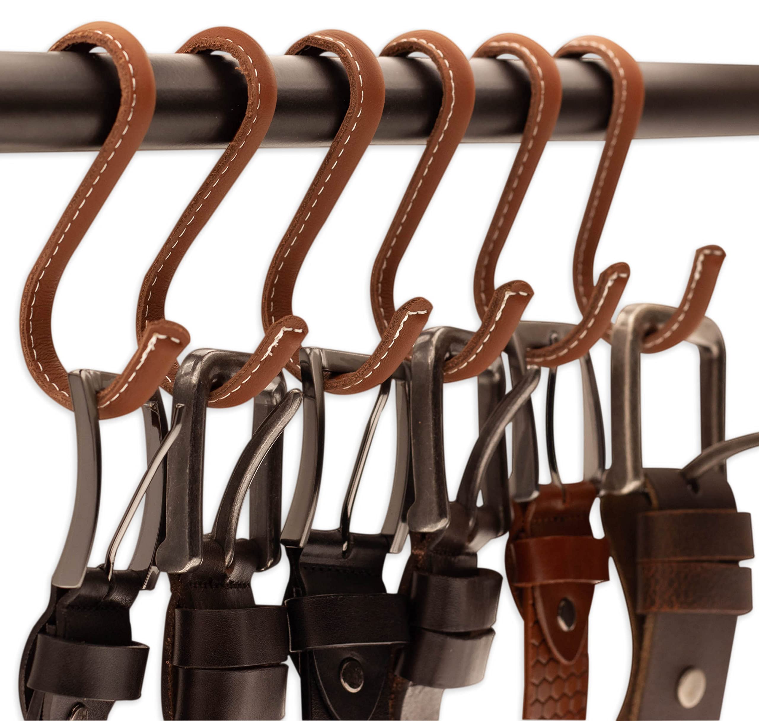 Brute Strength - S Shaped Hooks Wrapped in Full Grain Leather - 6 pcs - Cognac - Stainless Steel Metal Hangers Hanging Hooks for Kitchen - Leather Hooks - Leather s Hooks