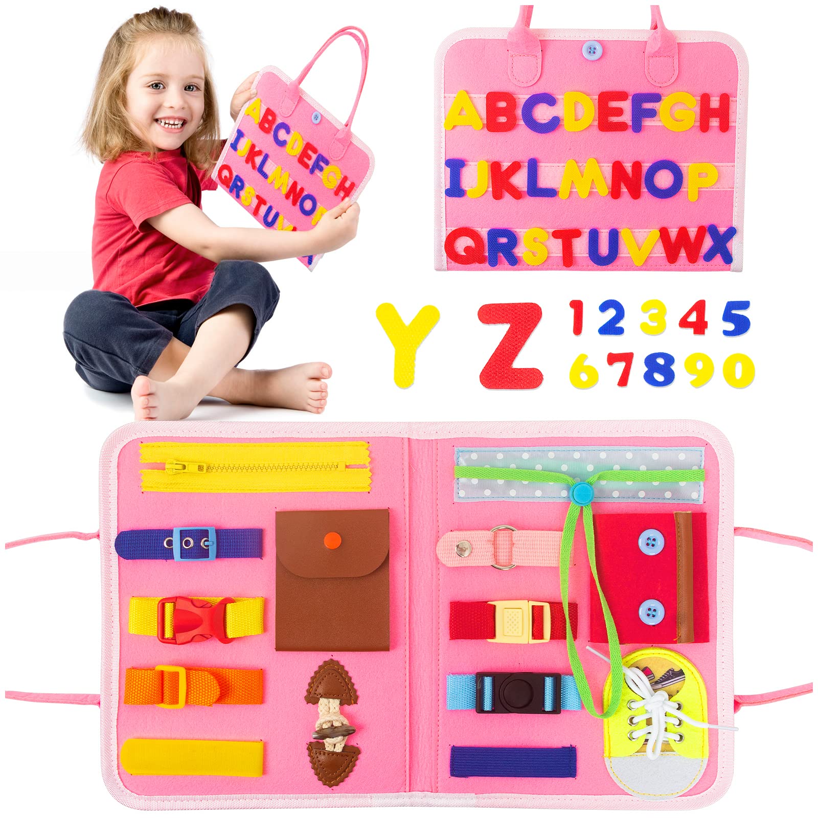 Busy Board Montessori Toy for 1 2 3 4 Year Old Toddlers Sensory Activity Board for Basic Dress Fine Motor Skills Travel Toys with Handle for Kids Car Rides Air Plane Travel Preschool Play(Pink)