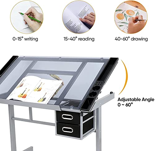 JupiterForce Adjustable Drafting Table Drawing Desk Art Desk Versatile Art Craft Work Station Glass Tabletop w/2 Slide Drawers and Wheels for Reading, Writing, Painting Home Office