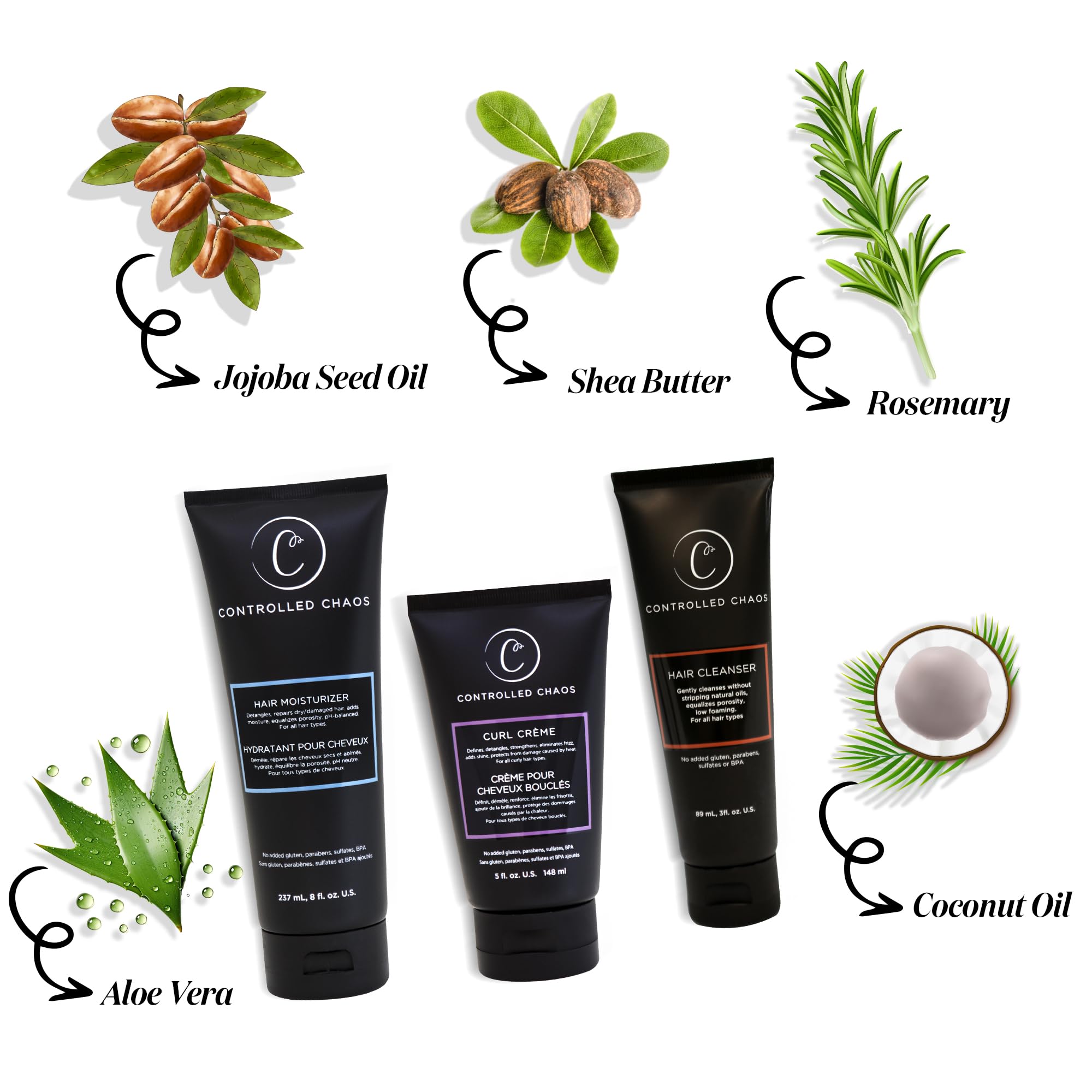 Controlled Chaos Hair Care Set for Curly Hair - 3 Pack Including Shampoo, Conditioner, Curl Defining Cream to Control Frizz & Nourish All Hair Types