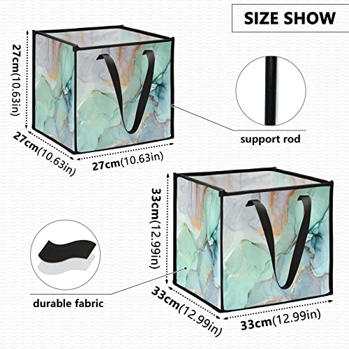 Blueangle Green Marble Texture Cube Storage Bin with Handles, 13 x 13 x 13 in, Large Collapsible Organizer Storage Basket for Home Décor(492)