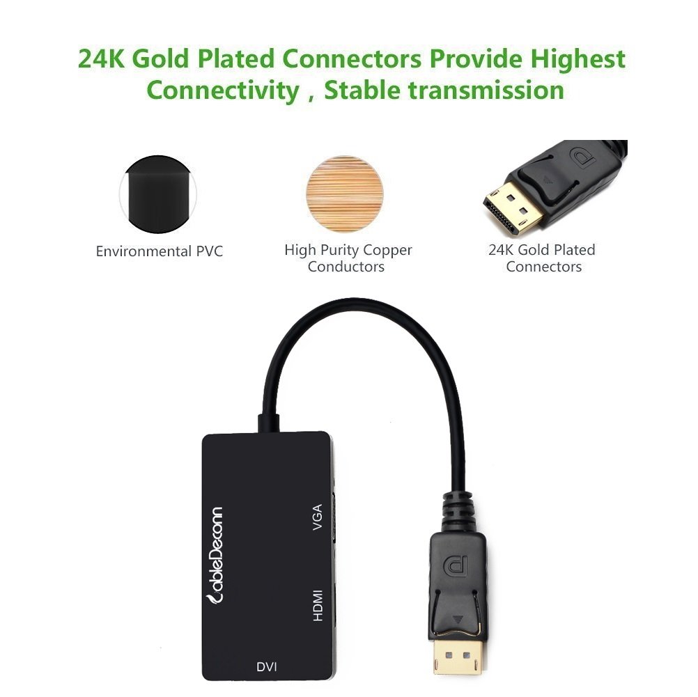 CableDeconn Multi-Function Displayport Dp to HDMI/DVI/VGA Male to Female 3-in-1 Adapter Converter Cable