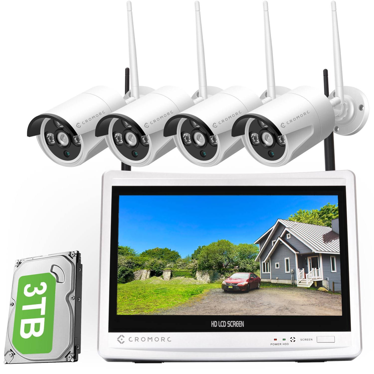 Cromorc Wireless Security Camera System 12.5" Monitor,Home Business Surveillance Expandable 10CH NVR,4pcs 5MP Outdoor Indoor Night Vision 1-Way Audio Camera,Human Detection 3TB HDD