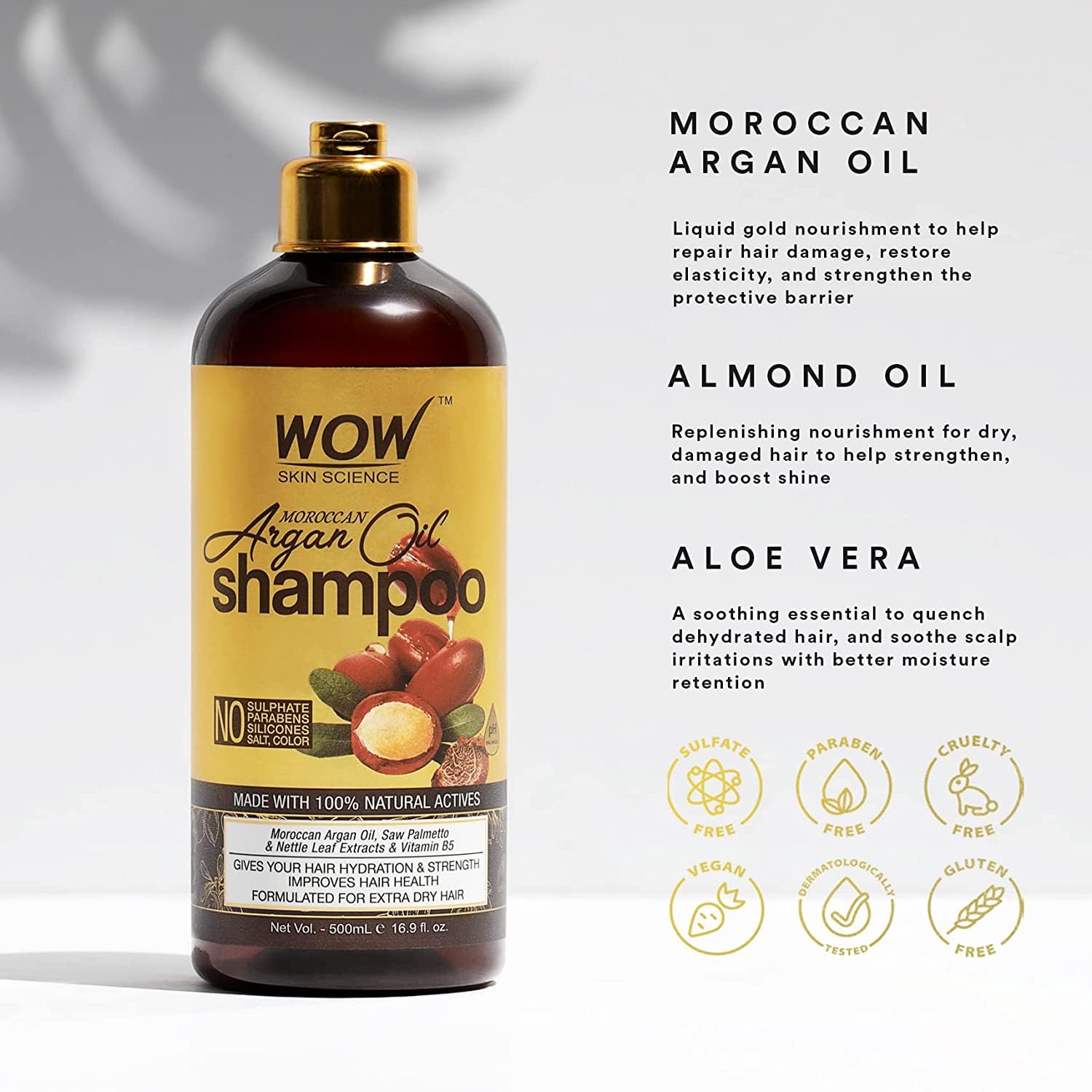 WOW Skin Science Moroccan Argan Oil Shampoo - Sulfate Free Moisturizing Shampoo for Dry, Damaged Hair - For Women & Men