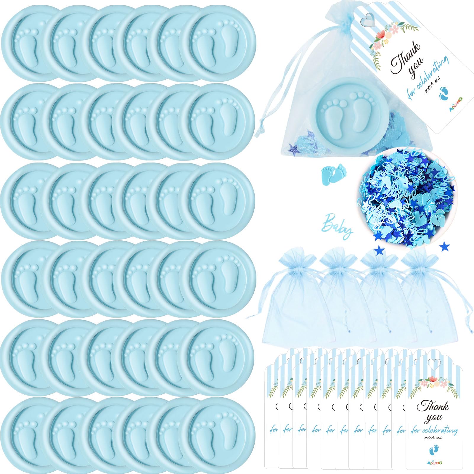 AIXIANG Baby Shower Favors Soaps Handmade Blue Little Baby-feet Scented Soap Party Favors for Guests Baby Boy Organza Bags+Thanks Tags+Decorations Confetti (50 Sets)
