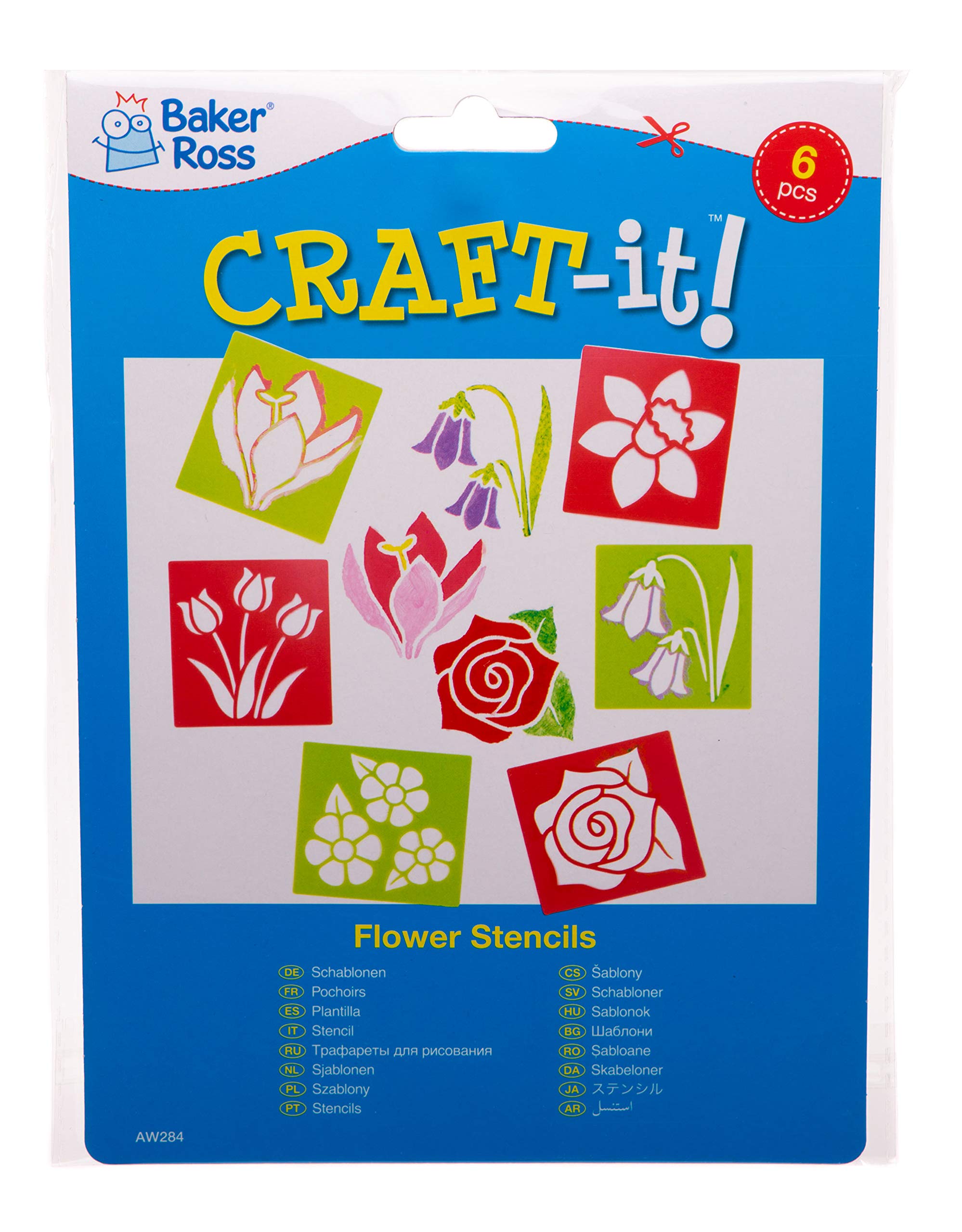 Baker Ross AW284 Flower Stencils - Pack of 6, Floral Prints for Kids to Use in Arts and Crafts Activities, Painting and Printing Projects