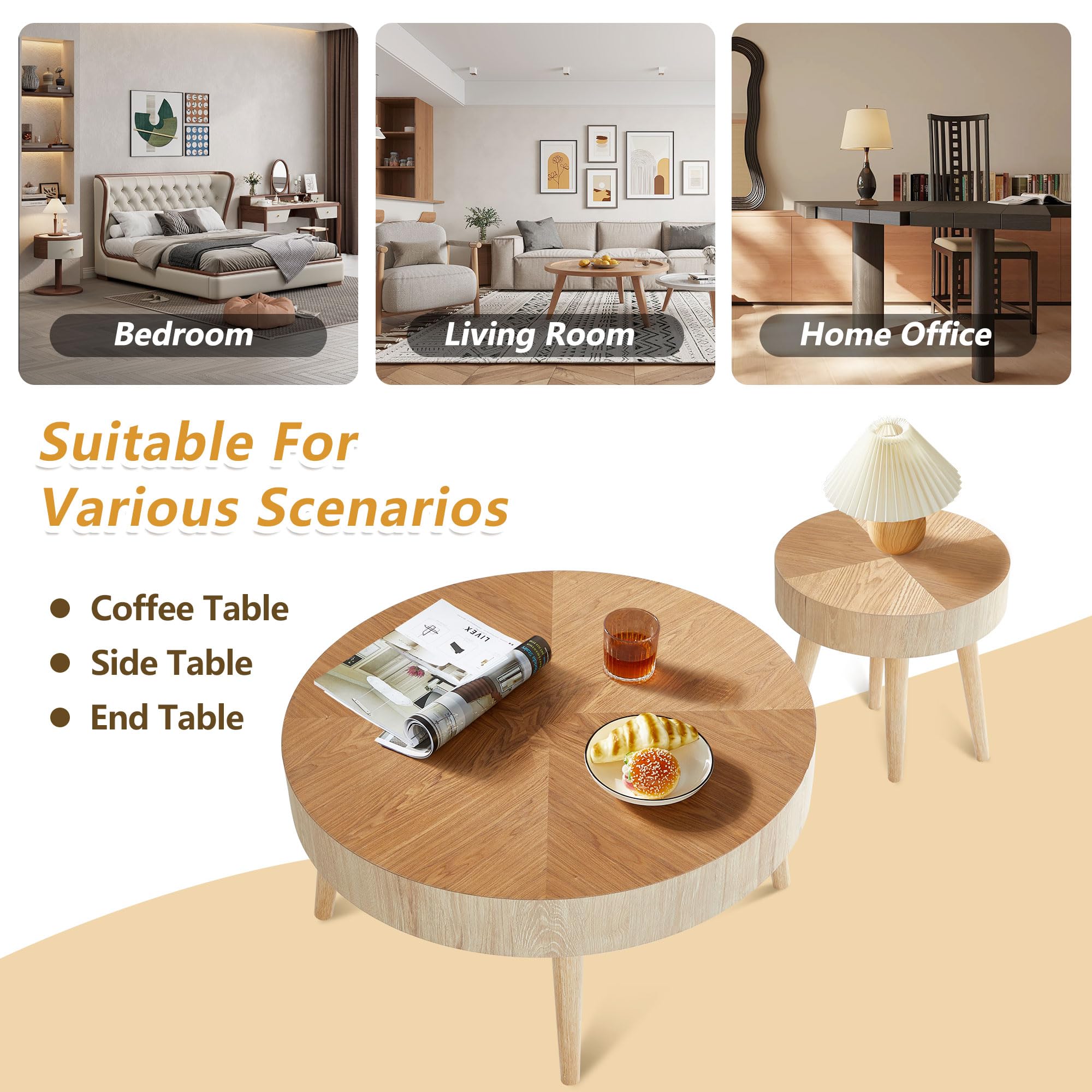 AVZEAR Nesting Round Coffee Table Set of 2, Farmhouse Modern Coffee Table, Natural Wood Nesting Tables Boho Side Table End Table Set for Living Room Bedroom, Cafe, Office, Wood Color