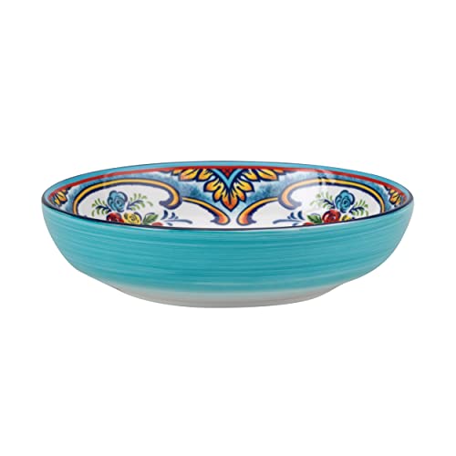 Euro Ceramica Zanzibar Collection Pasta Bowl Sets, Set of 4, Spanish Floral Design, Multicolor Blue