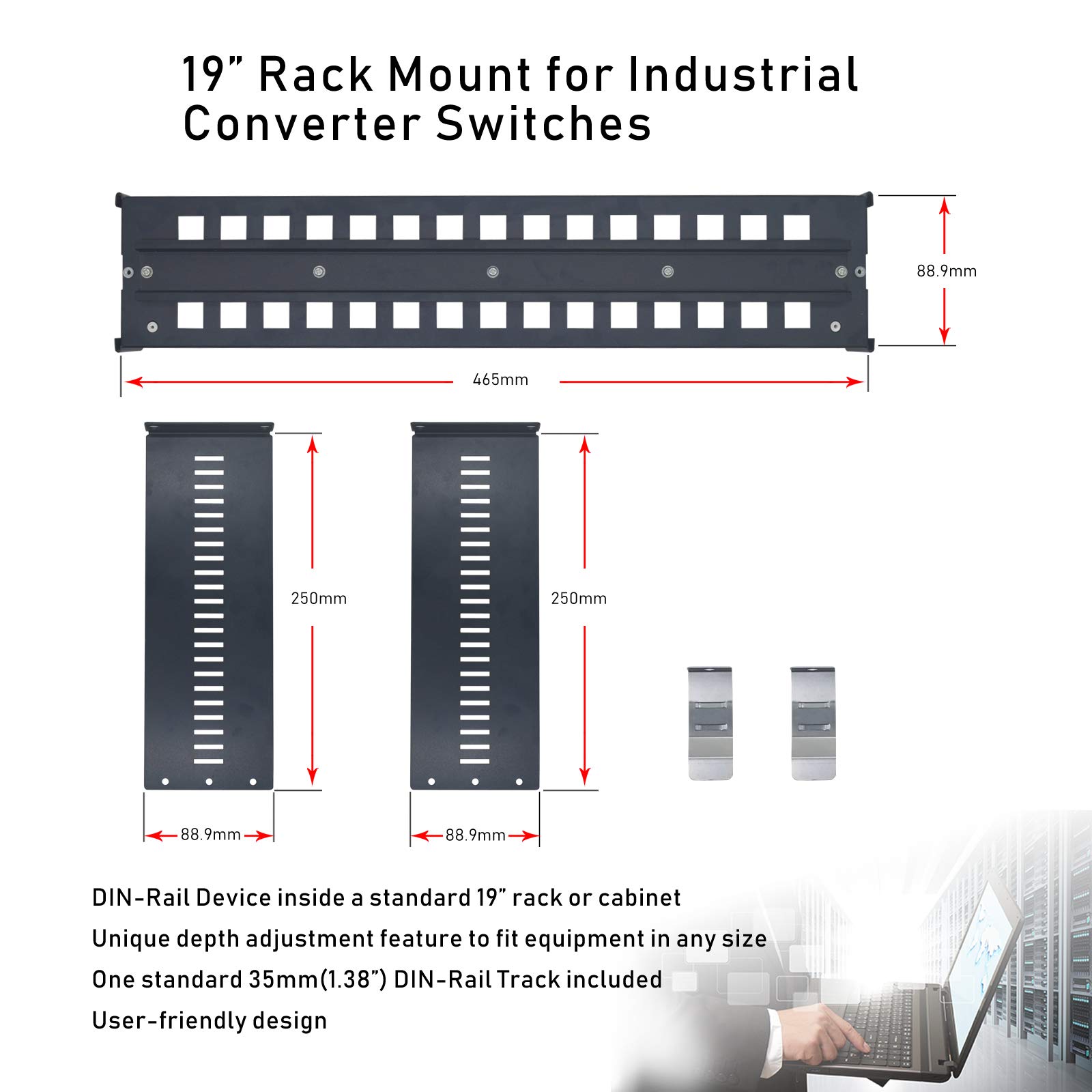 Naweisz 19 Inches Rack Mount Adjustable DIN-Rail Bracket 2U Height Used for Media Converter, Ethernet Switch, Industrial PoE Switch,Power Supplies Server Racks and Cabinet (Black)