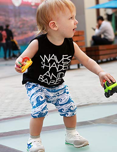 Helbaar Baby Boy Clothes Waves Shades and Babes Print Summer0 6 12 18 24months 2 3 T Black Sleeveless Tops and Wave Short Pants Outfits Set(18-24months)