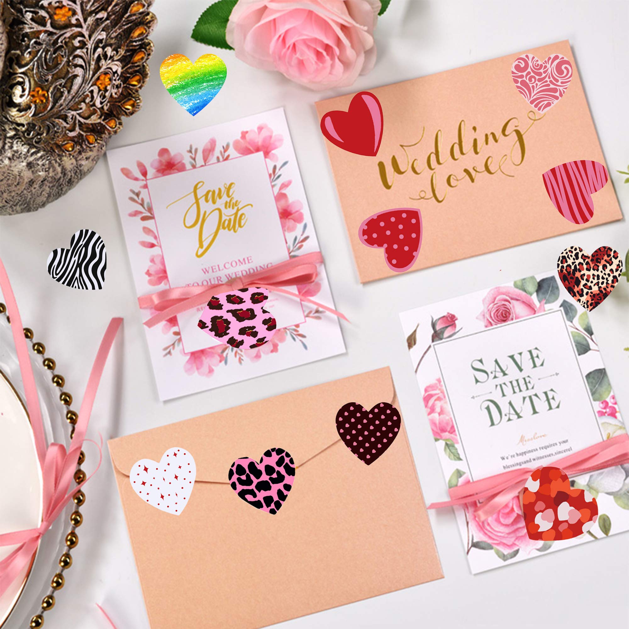 Love Stickers, 1.5 Inches Large Assorted Heart Shape Pattern Adhesive Stickers for Wedding Anniversaries Party Note Present Packaging Thank You Small Business