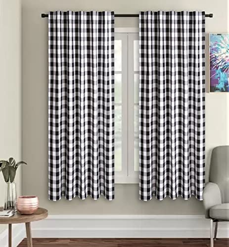 Black White Cotton Curtains, Back Tab Farmhouse Cotton check Curtain 50x72 Inch, Tab Top Bathroom Window Treatment Décor Panel For Kitchen Nursery Livingroom Bed Room Gingham Check Curtains -2 Panels