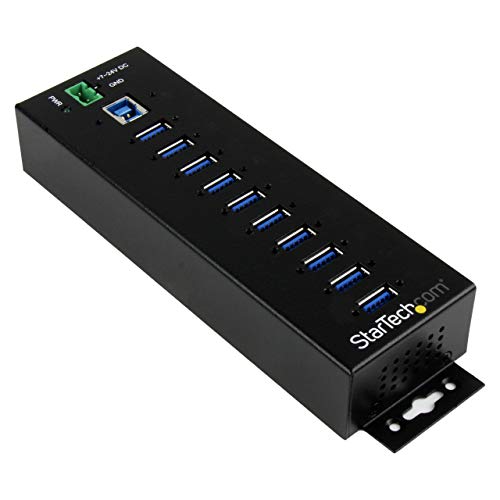 StarTech.com 10-Port USB 3.0 Hub with Power Adapter - Metal Industrial USB-A Hub with ESD & 350W Surge Protection - Din/Wall/Desk Mountable - High Speed USB 3.0 (5Gbps) - (5Gbps) Hub, TAA