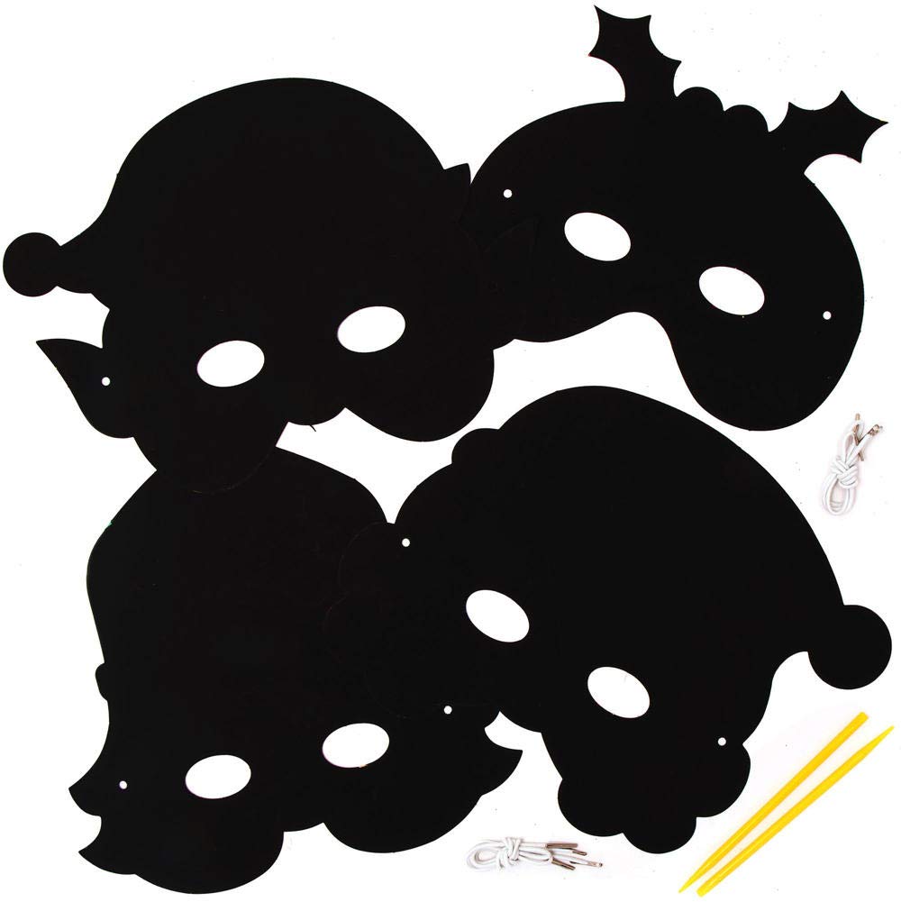 Baker Ross AX561 Christmas Scratch Art Masks for Dress Up Play - Pack of 8, Magic Scratch Art and Craft Kits for Kids Xmas Eve Activities