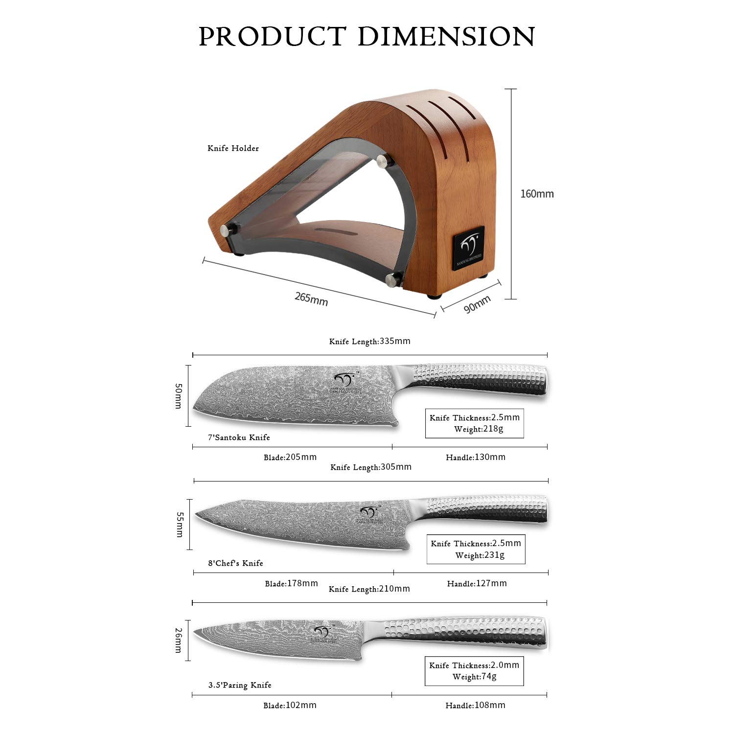 4 Pieces Damascus Kitchen Knife Set with Block, 8β Chef Knife, 7β Santoku Knife, 3.5β Paring Knife, 3 Slots Natural Wood Block, 67 Layer Handmade Damascus VG10 Steel Core, Hammered Ergonomic Handle
