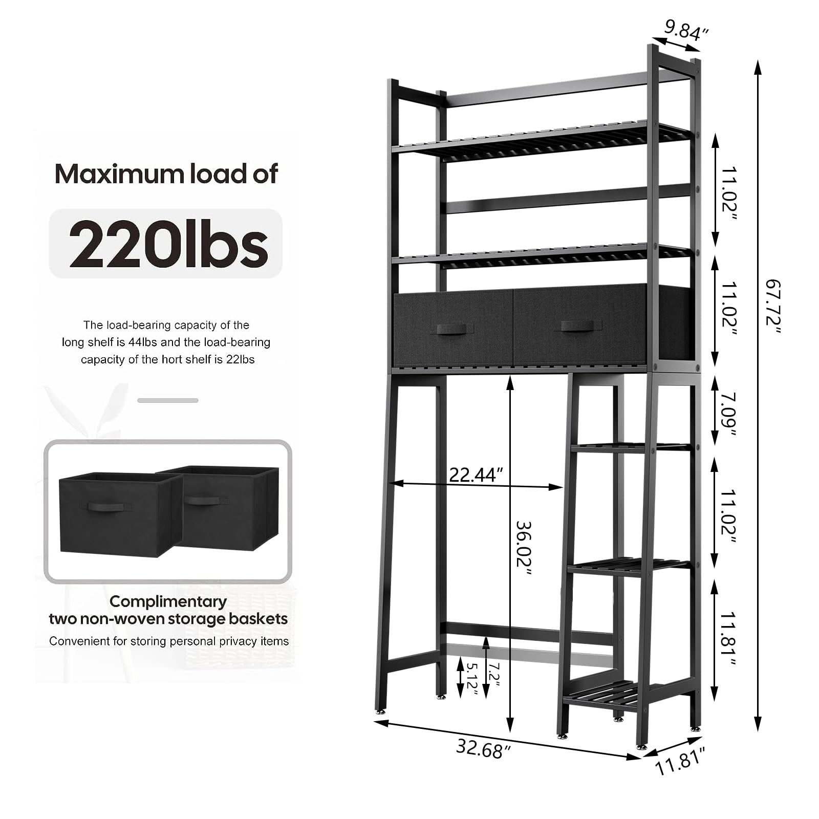 Hitogo Over The Toilet Storage Shelf - Bamboo Bathroom Organizer with Basket Drawer, Adjustable Shelf and Waterproof Feet Pad - Space Saver Storage Rack for Restroom, Laundry (White)