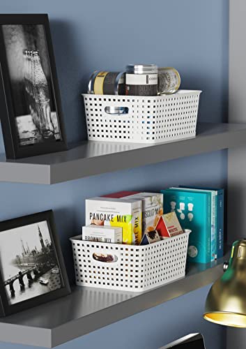 Woven Plastic Storage Basket, 6 Pack White Weave Bins Organizer, 10.1" x 7.55" x 4.1"