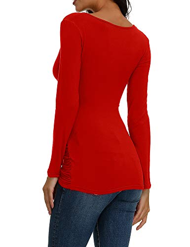 ALLEGRACE Women Sexy Open V Front Wrap Pleated Slim Top Tee Cross Hem Long Sleeve Ruched T Shirt Orange Red L