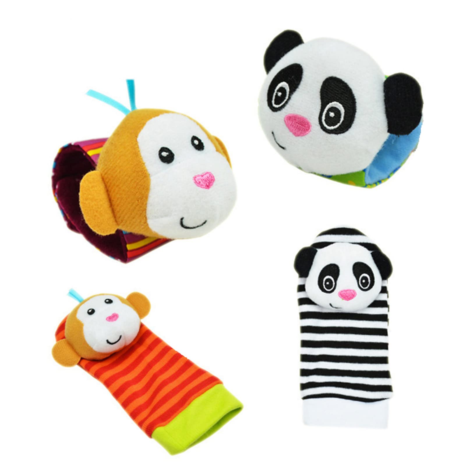 asUwish 4Pcs Baby Soft Rattle,Cute Soft Baby Socks Toys,Wrist Chew Toy,Baby Socks Toys Wrist Rattle and Foot Finder for Newborn Boy or Girl (Monkey and Panda)