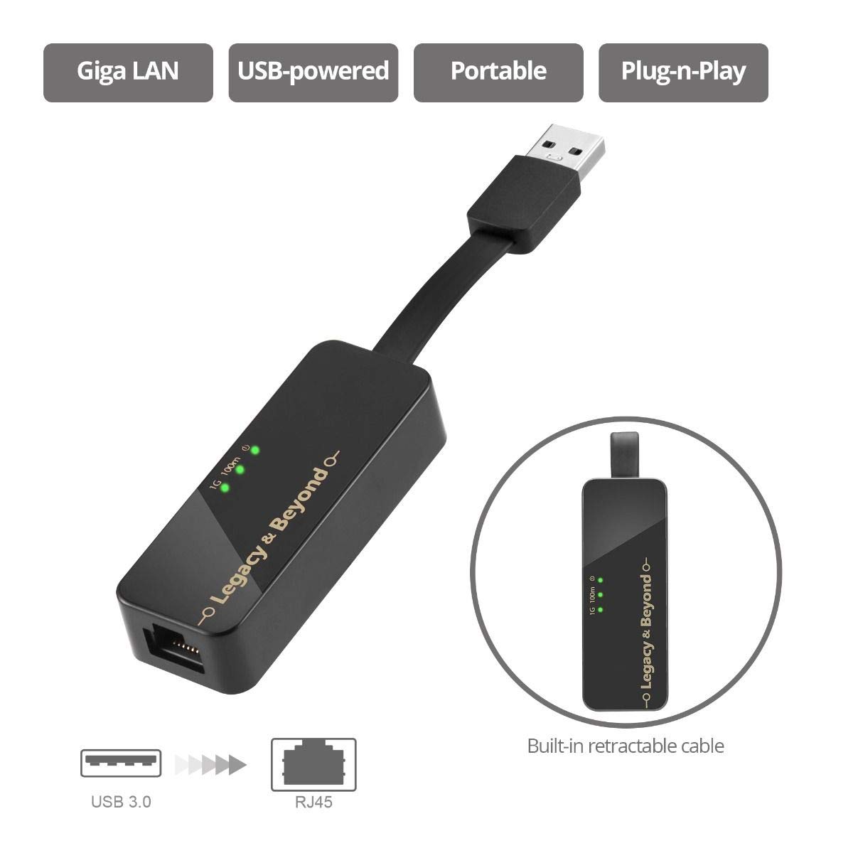 SIIG Foldable USB 3.0 to Ethernet Adapter, 10/100/1000 Mbps Gigabit Ethernet LAN RJ45, Supports Windows 10/8/7, Mac OS X 10.16 to 10.6 - Black (LB-US0714-S1)