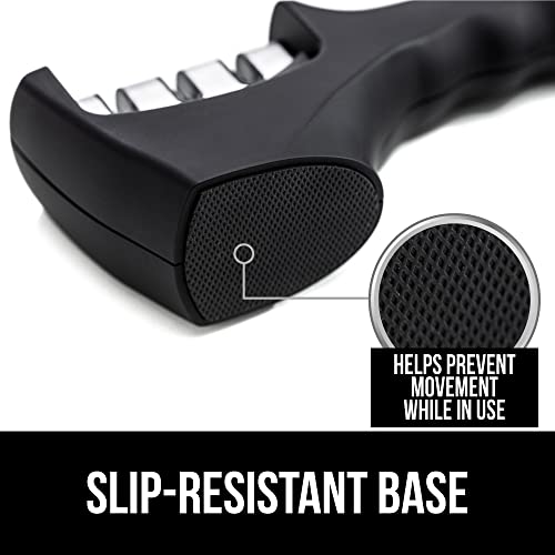 Gorilla Grip Easy to Use Knife Sharpener, 3 Sharpening Options to Help Polish, Sharpen and Repair Kitchen Knives, Restore Dull Blades, Slip Resistant Handle, Professional Chef Quality, Jet Black