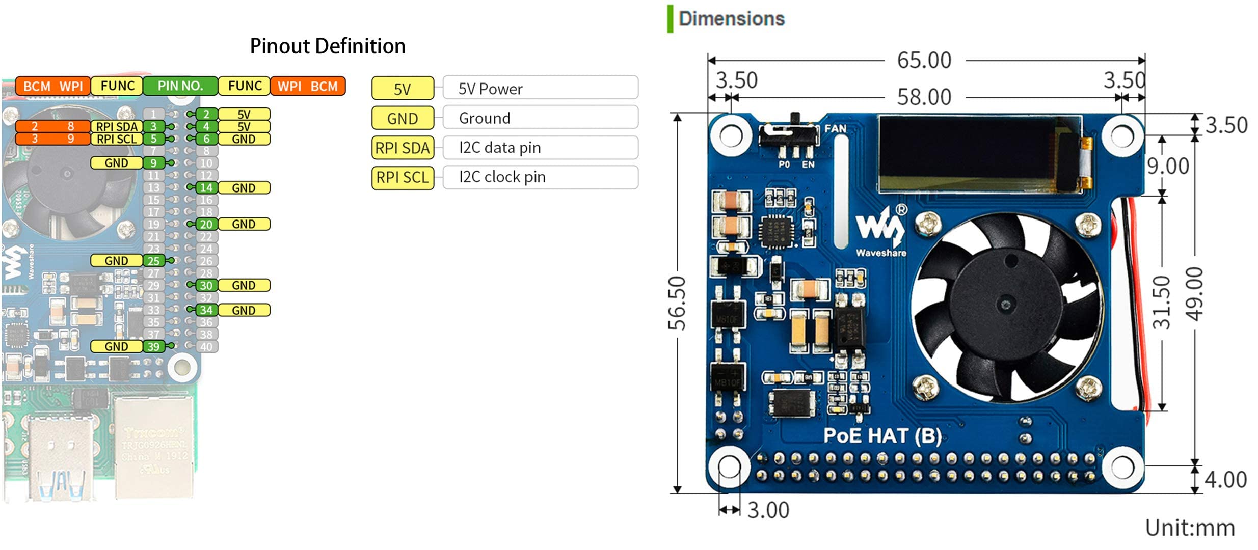 POE HAT (B) for Raspberry Pi 4B/3B+,Power Over Ethernet HAT with 0.91" OLED,Support 802.3af PoE Network,802.3af Power-Sourcing Equipment Required
