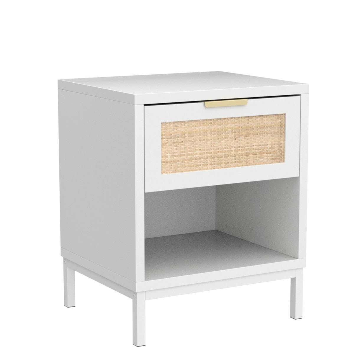 Anmytek White Nightstand with Rattan Decor Drawer, Mid Century Modern End Table with Open Storage, Farmhouse Night Stand, Small Side Table for Bedroom