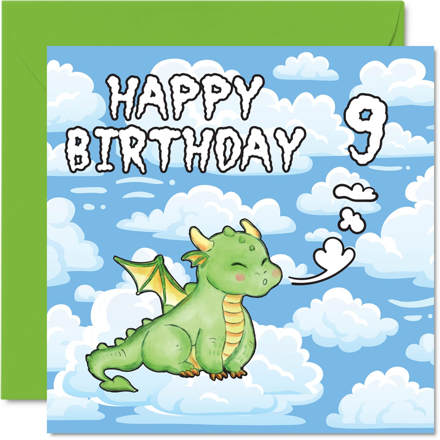 9th Birthday Card Unisex - Cute Dragon - Happy Birthday Card 9 Year Old, 5.7 x 5.7 Inch Greeting Card for Son Daughter Brother Sister Grandson Granddaughter Niece Nephew Cousin