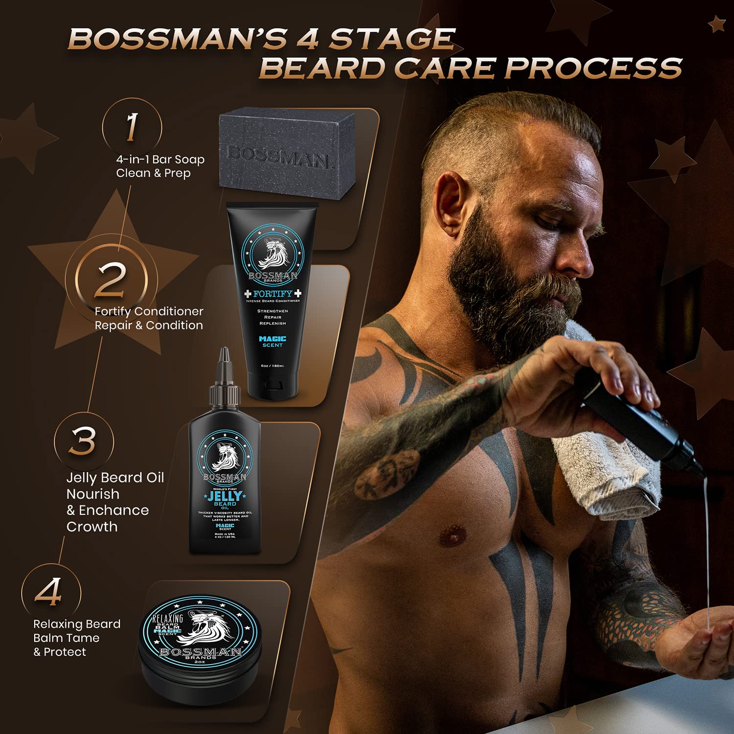 Bossman Fortify Intense Beard Conditioner - Shower Beard Wash, Moisturizer and Beard Softener for Men - Beard Growth Products - Made in USA (Magic Scent)