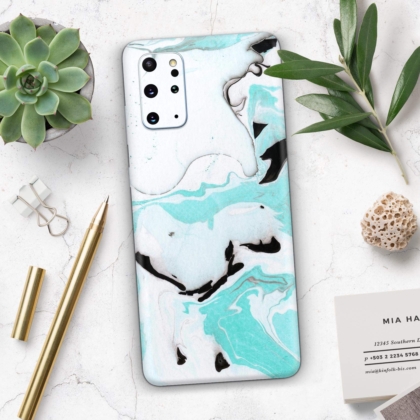 DesignSkinz Black and Teal Textured Marble 2 Protective Vinyl Decal Wrap Skin Cover Compatible with The Samsung Galaxy S20 (Screen Trim & Back Glass Skin)