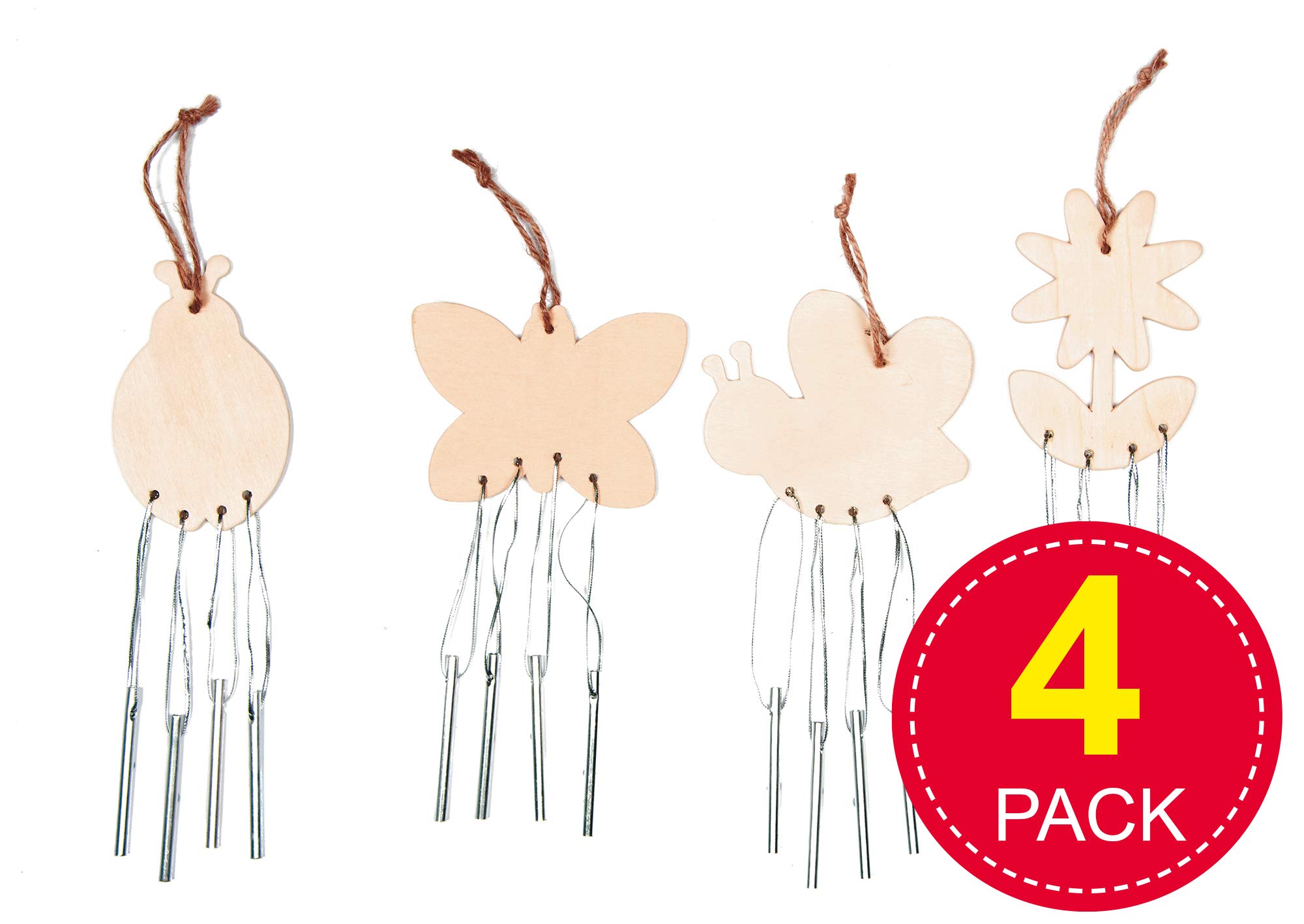 Baker Ross-E8743 Wildlife Wooden Windchimes, Perfect for Children to Design and Decorate, Ideal for School, Home Craft Group Activities (Pack of 4), 10cm, 4 Pack