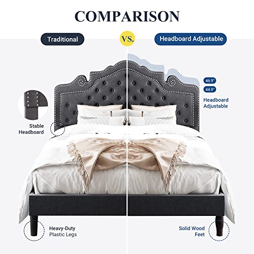 Allewie Queen Bed Frame with Adjustable Tiara Headboard, Fabric Upholstered Diamond Button Tufted Platform Bed, Wood Slats Support, No Box Spring Needed, Mattress Foundation, Easy Assembly, Dark Grey