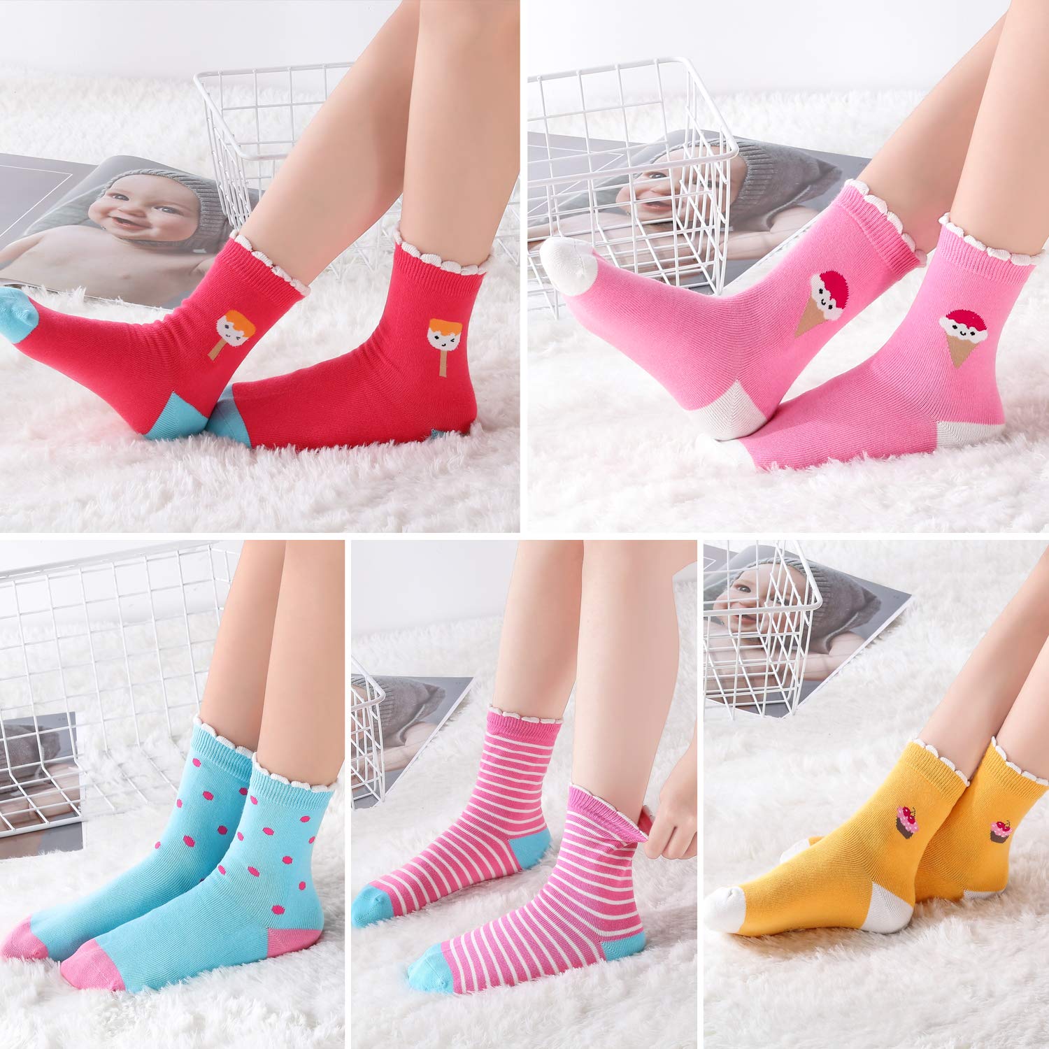 SUNBVE 10 Pairs Pack Toddler Little Girls Fun Cotton Ankle Socks
